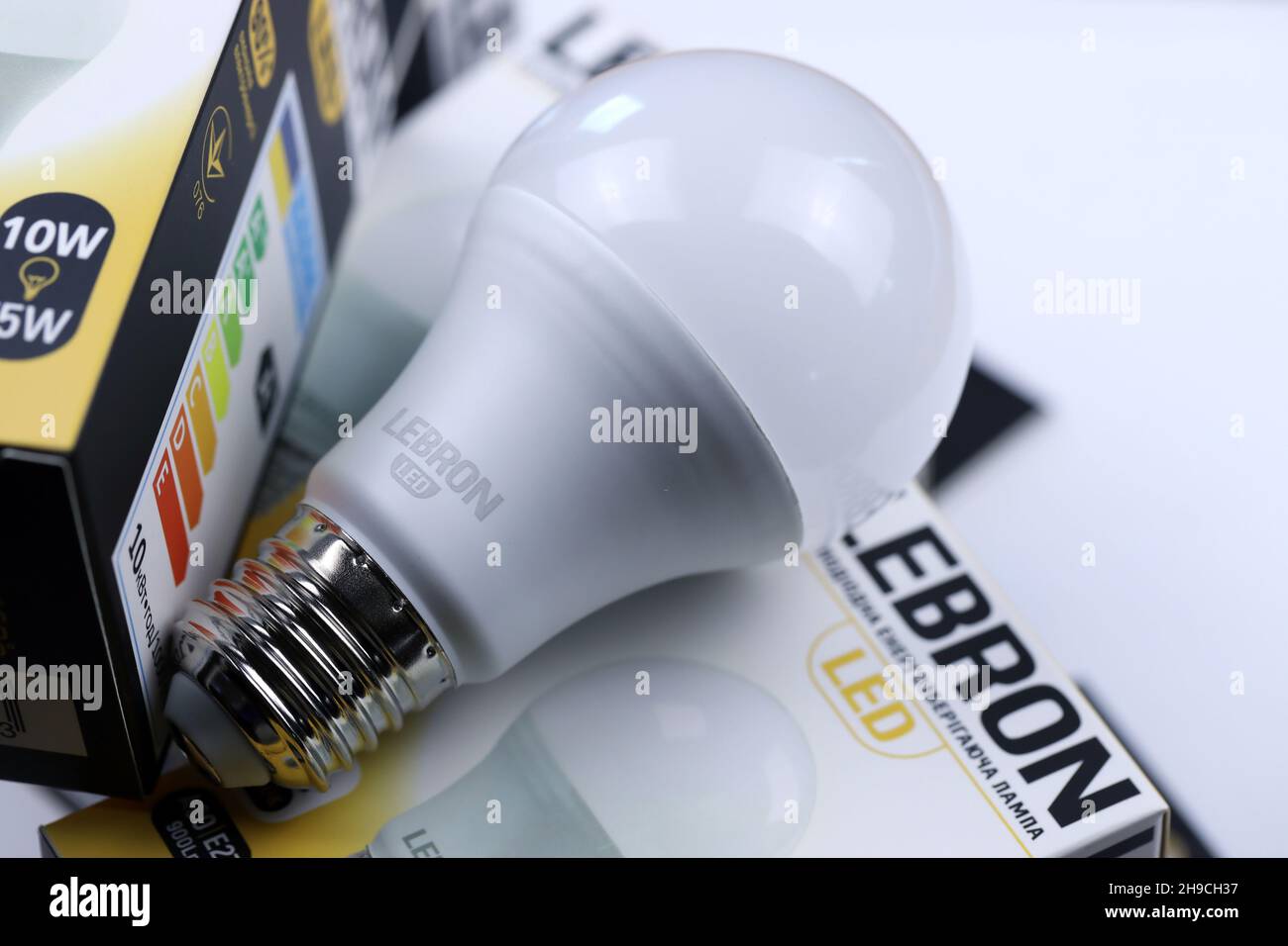 KHARKOV, UKRAINE - MARCH 30, 2021: Many Lebron LED light bulbs. Lebron ...