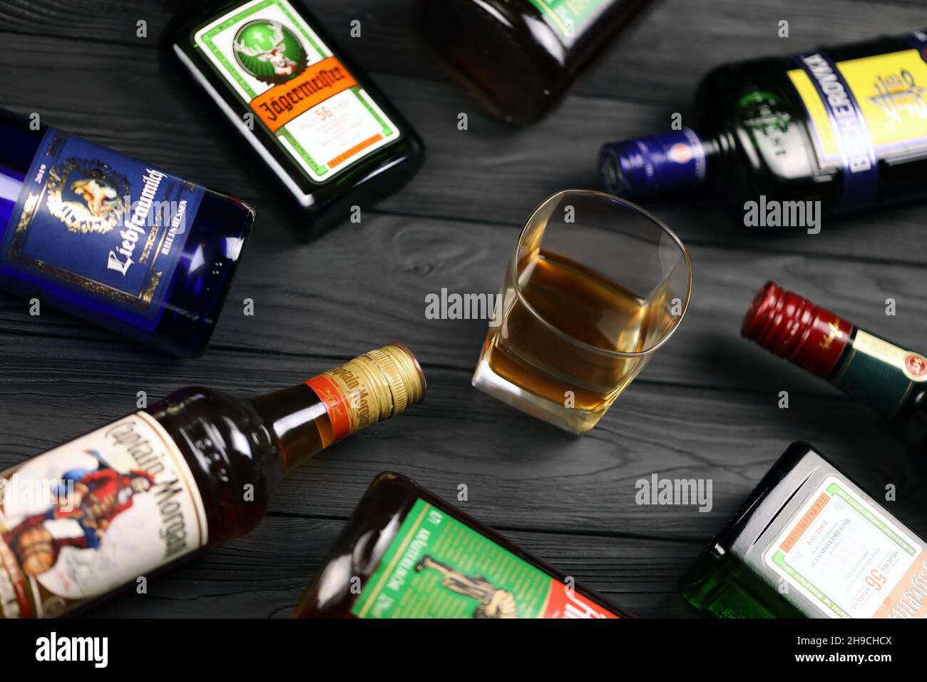 KHARKOV, UKRAINE - DECEMBER 3, 2020: Many famous branded alcohol ...