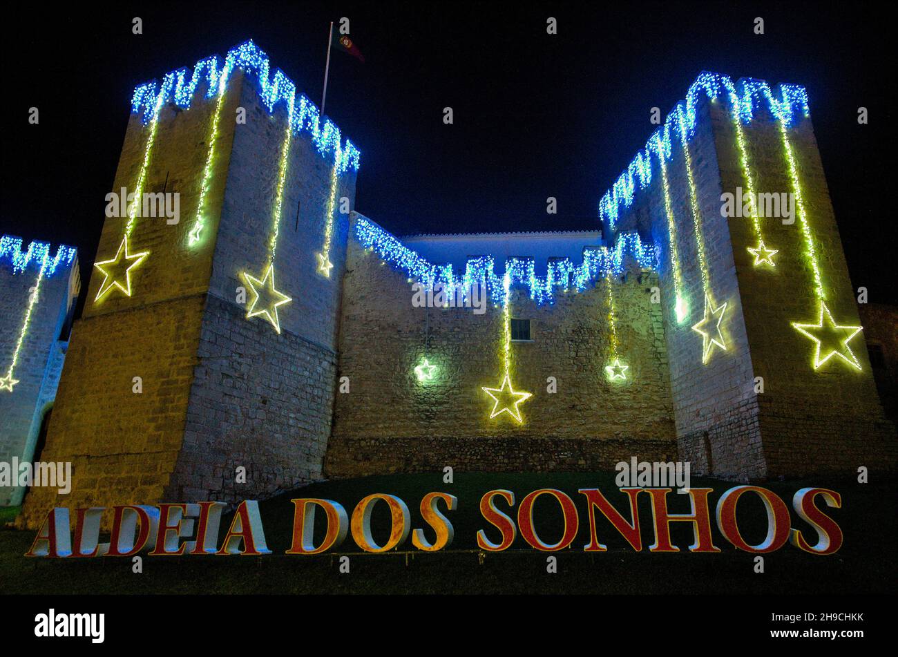 Loule Castle with Aldeia dos sonhos (Dreams Town) sign during Christmas ...