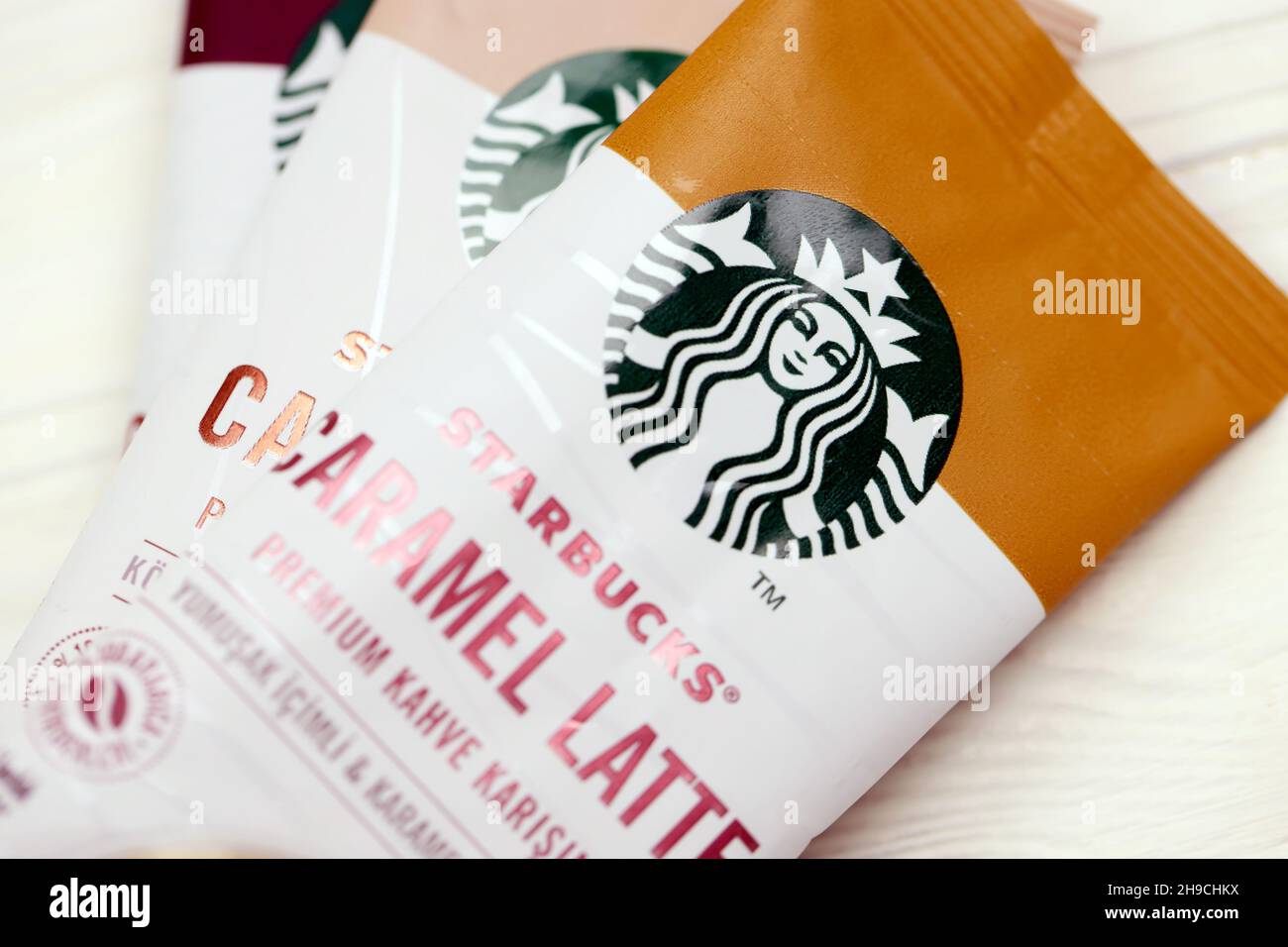 KHARKOV, UKRAINE - JULY 2, 2021: Starbucks coffee sticks with green ...