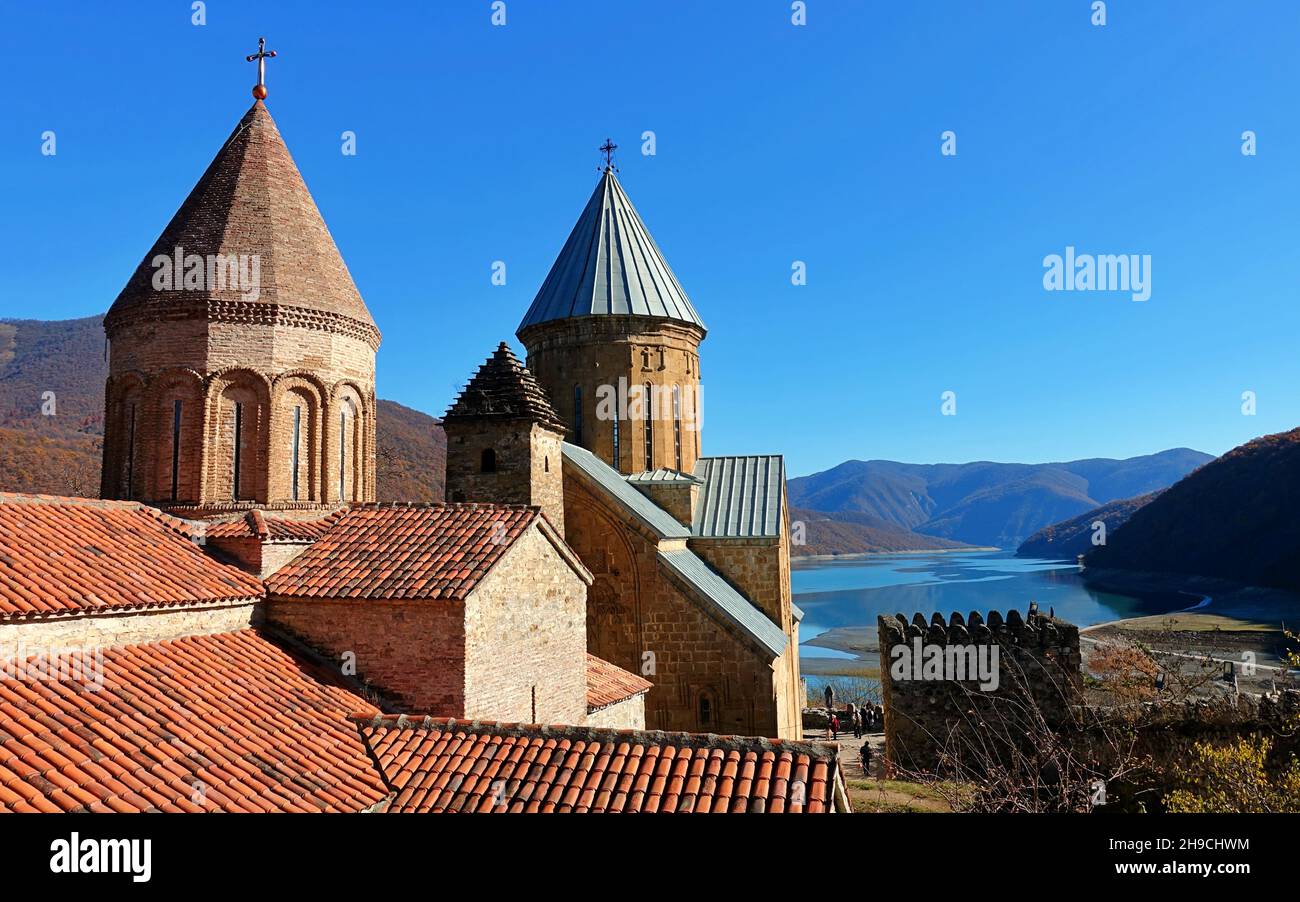 Tower of Ananuri castle complex on the Aragvi River in Georgia. Ananuri ...