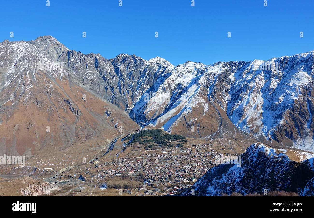 View over the snowy mountains around Mount Kazbek in Winter. Georgia ...