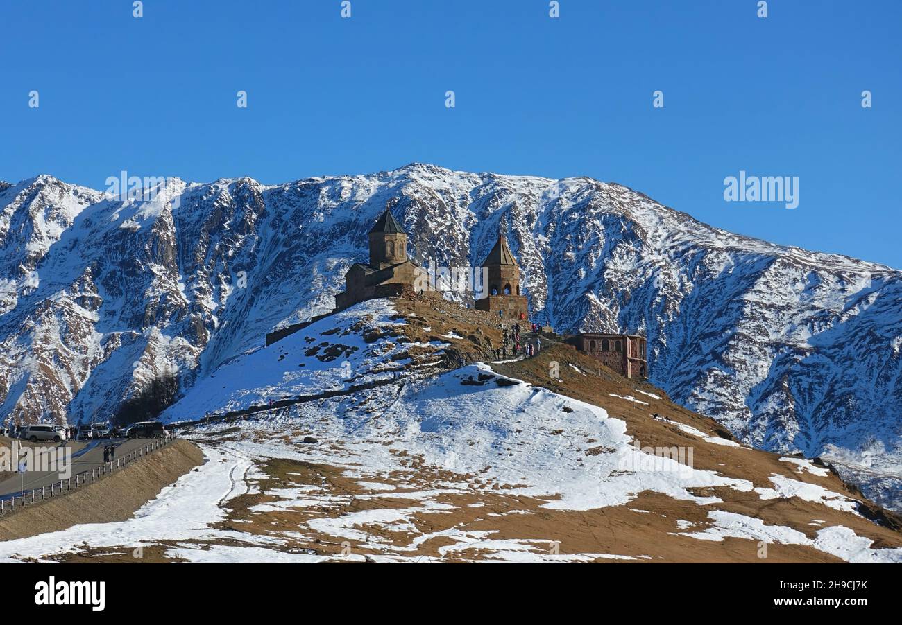 Famous Gergeti Trinity Church under Mount Kazbek in Winter. Georgia ...