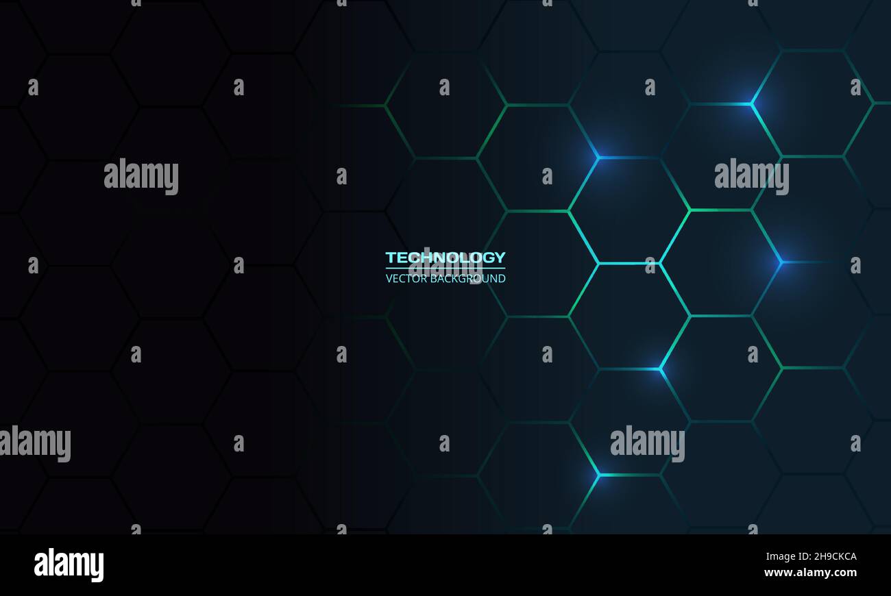 Dark hexagonal technology abstract background. Blue and green colored bright flashes under ...