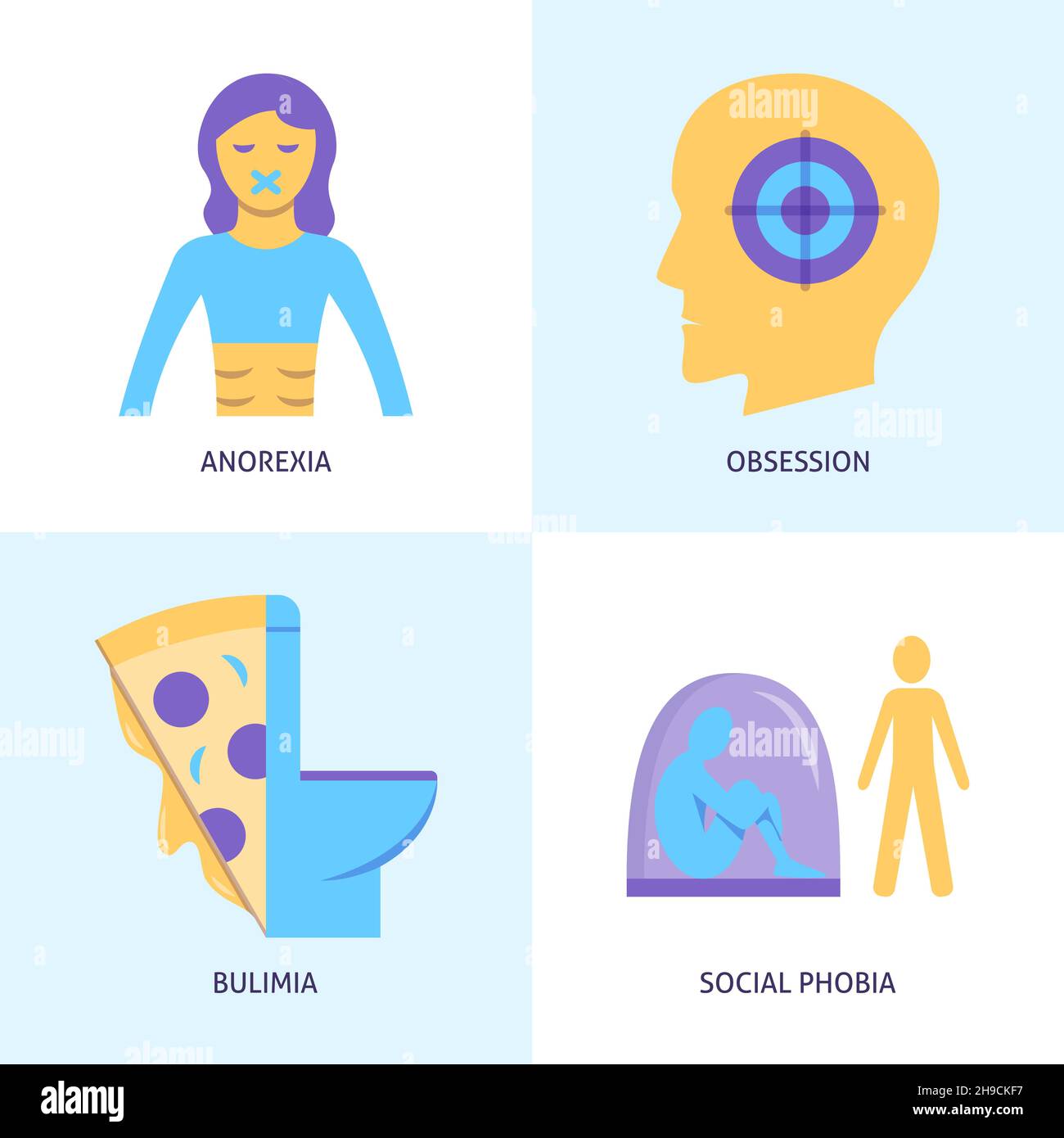 Mental disorders icon set in flat style. Social phobia, anorexia ...