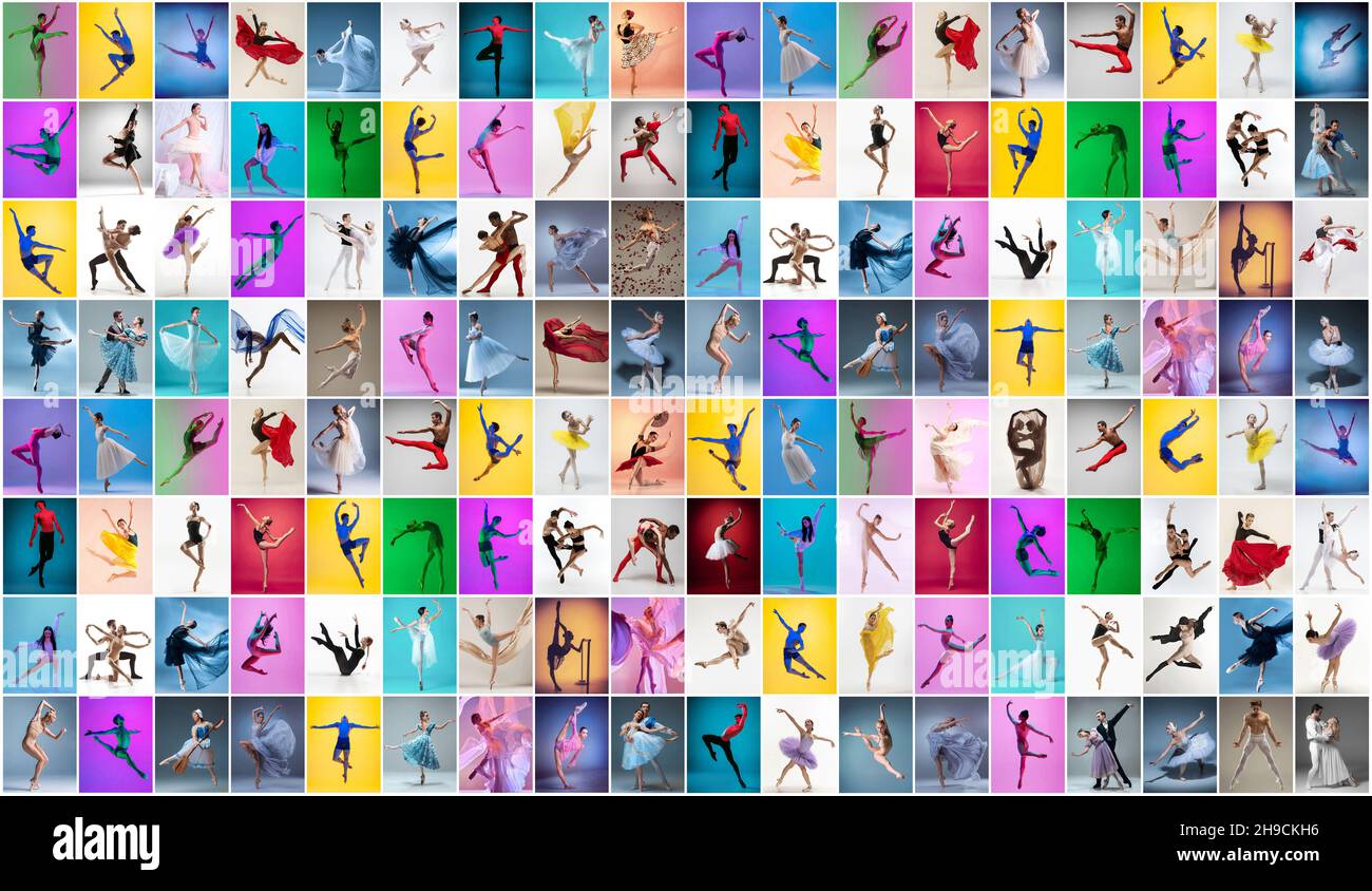 Collage made of portraits of female and male ballet dancers dancing ...