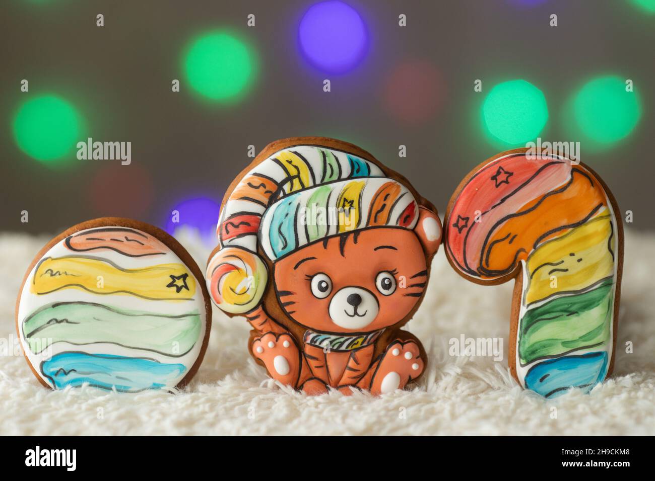 Closeup set of christmas gingerbread cookies for kids with cute tiger ...