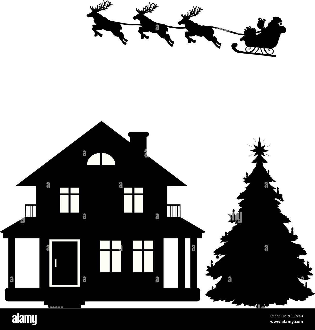 Silhouette of Santa in sleigh flying over the house. Symbol Happy Merry Christmas Stock Vector ...