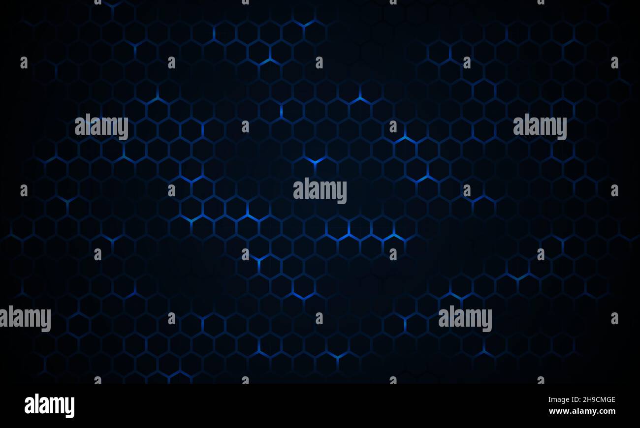 Dark technology hexagonal vector background. Abstract blue bright energy flashes under hexagon ...