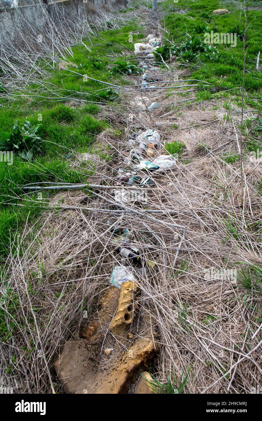 Dirty water. Ecological catastrophe, the river is polluted with rubbish ...