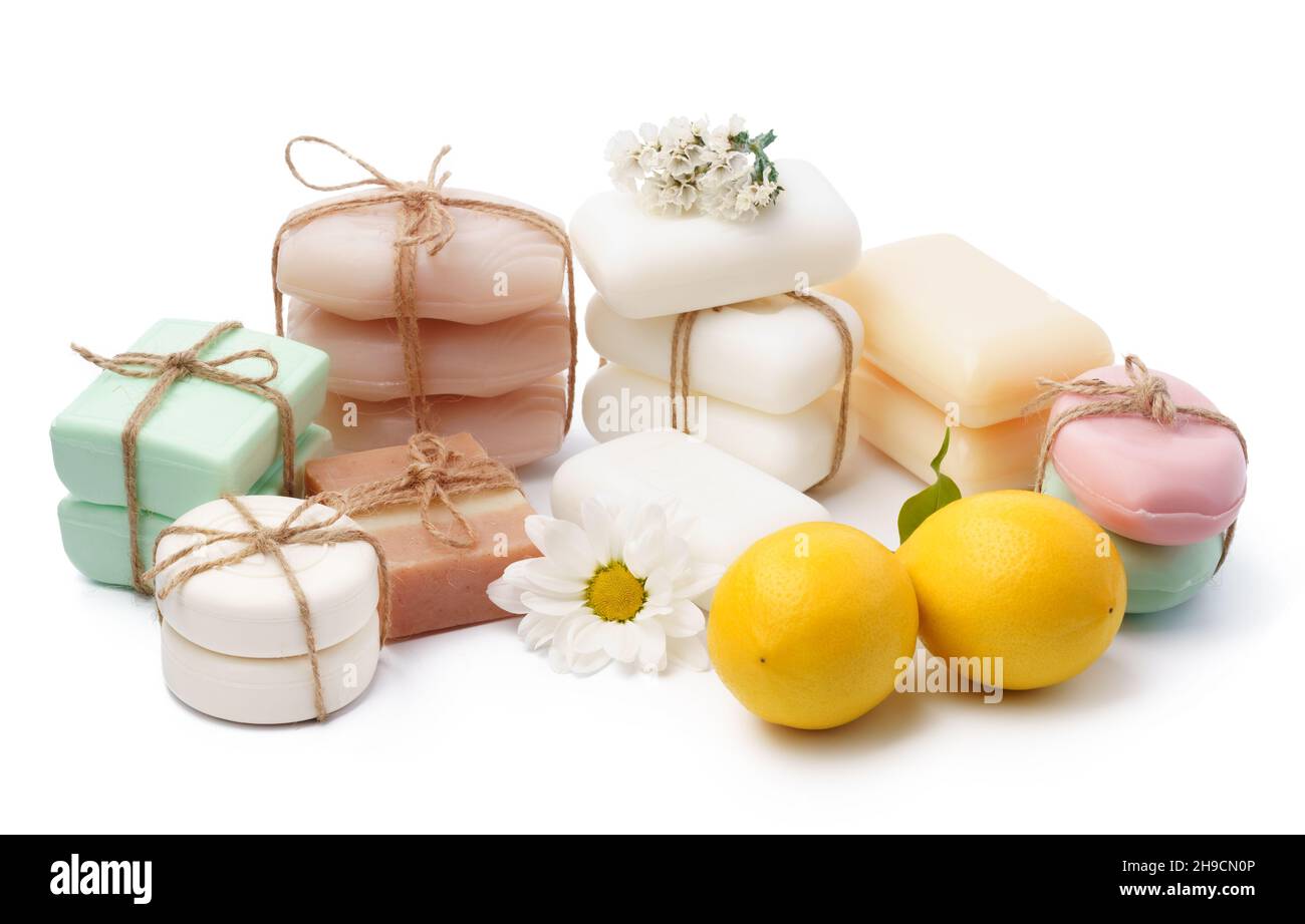 Handmade citrus soap and fresh fruit on white background Stock Photo ...