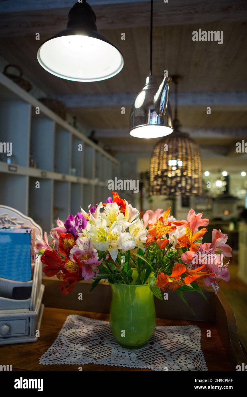 A bouquet of flowers ALSTROMERIA in a vase in the interior of the ...