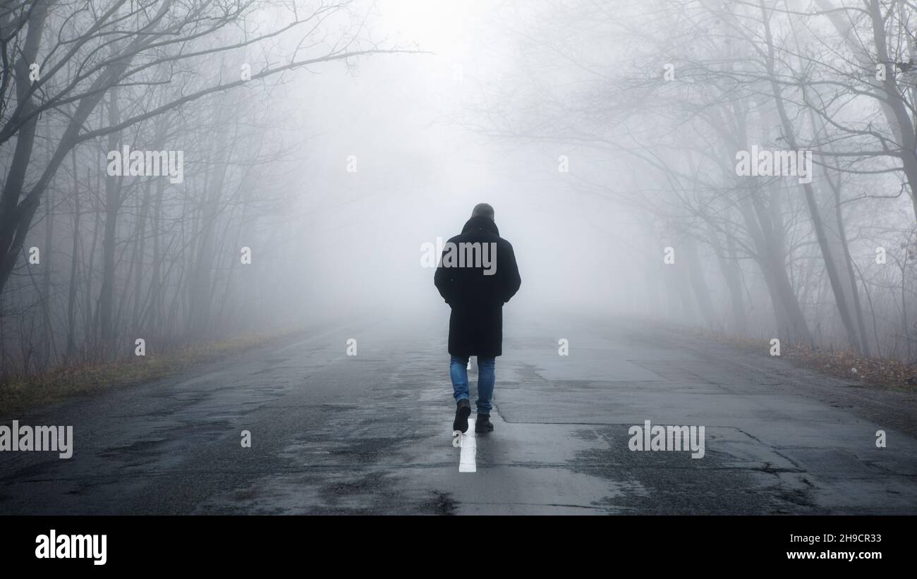 Man back view in fog landscape. Man walking alone on scary foggy misty ...