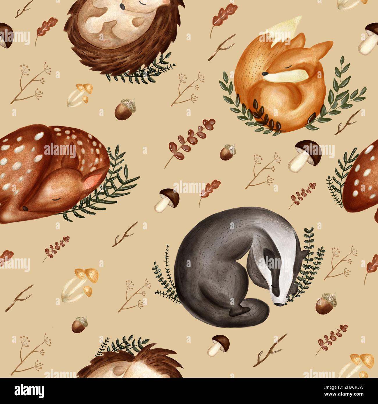 Watercolor woodland animals on beige backgroond. Cute sleeping deer ...