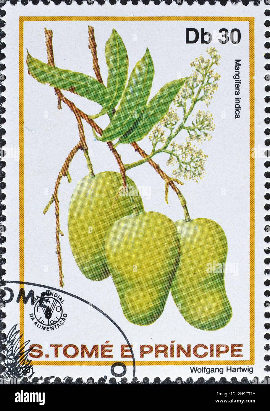 Cancelled postage stamp printed by São Tomé and Príncipe, that shows ...