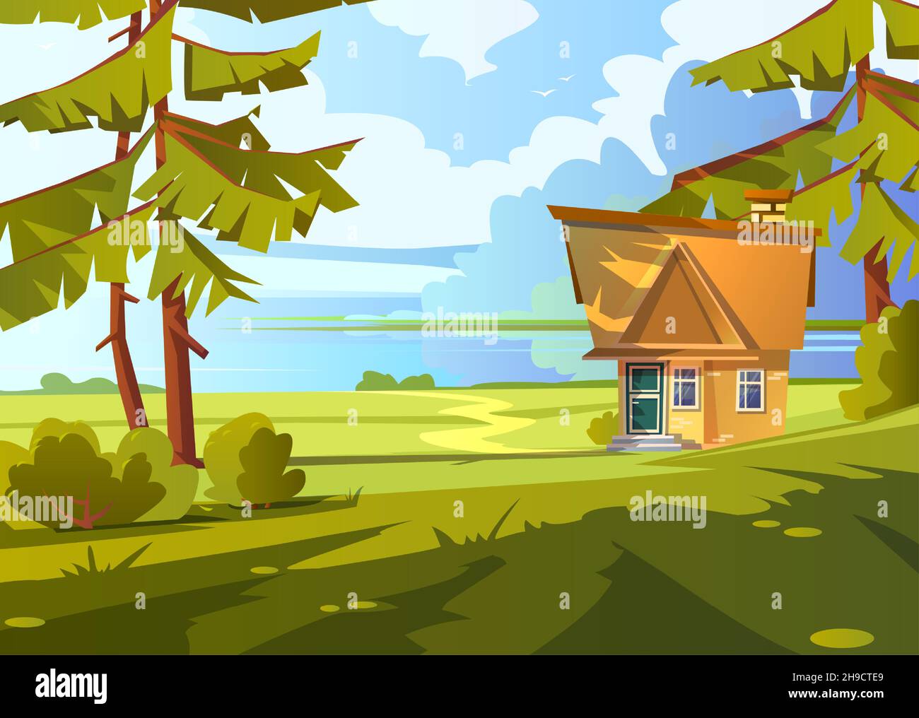 Brick house on lake shore. Summer countryside landscape with river ...