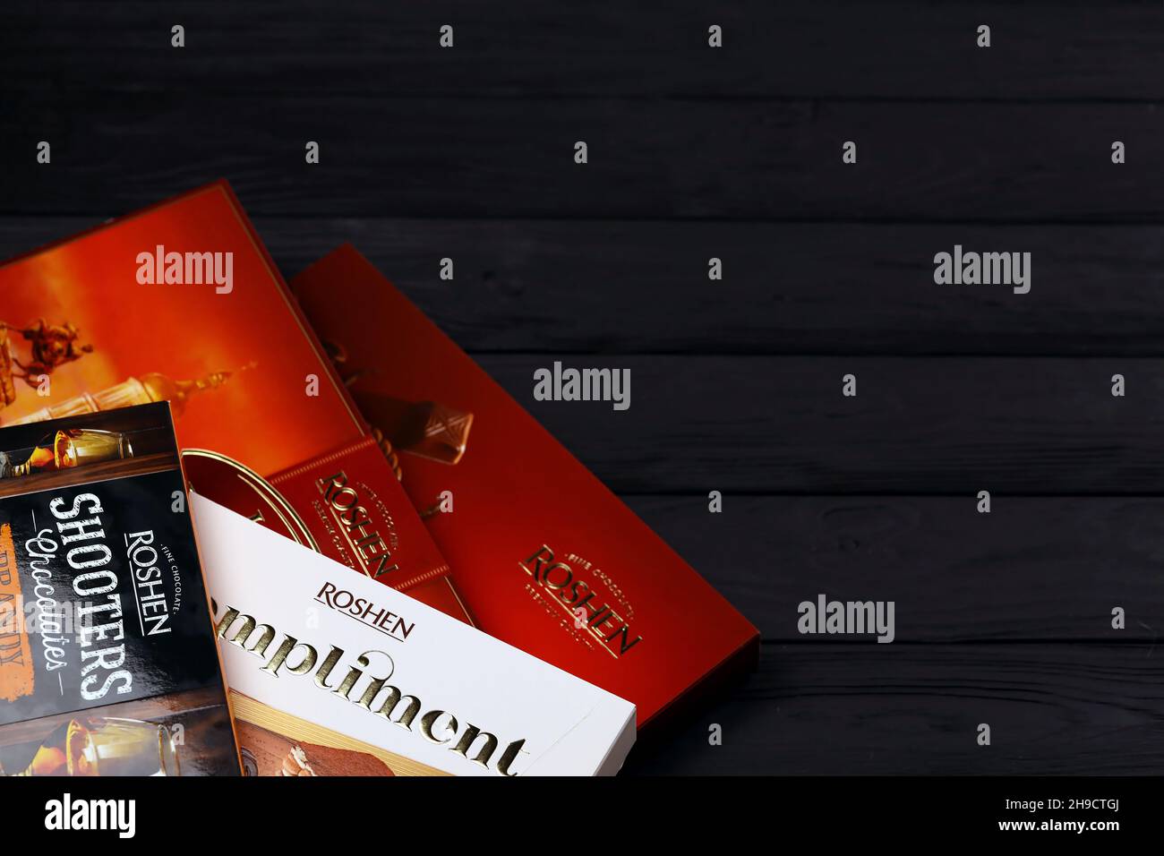 KHARKOV, UKRAINE - JANUARY 11, 2021: Roshen chocolate candies boxes ...