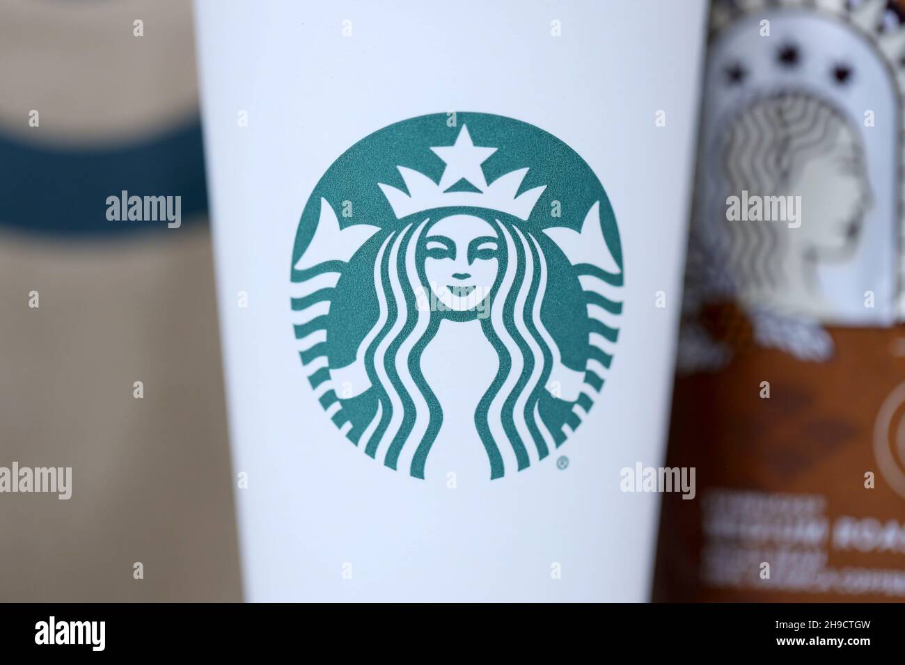 KHARKOV, UKRAINE - MARCH 15, 2021: Starbucks cup with green logo ...