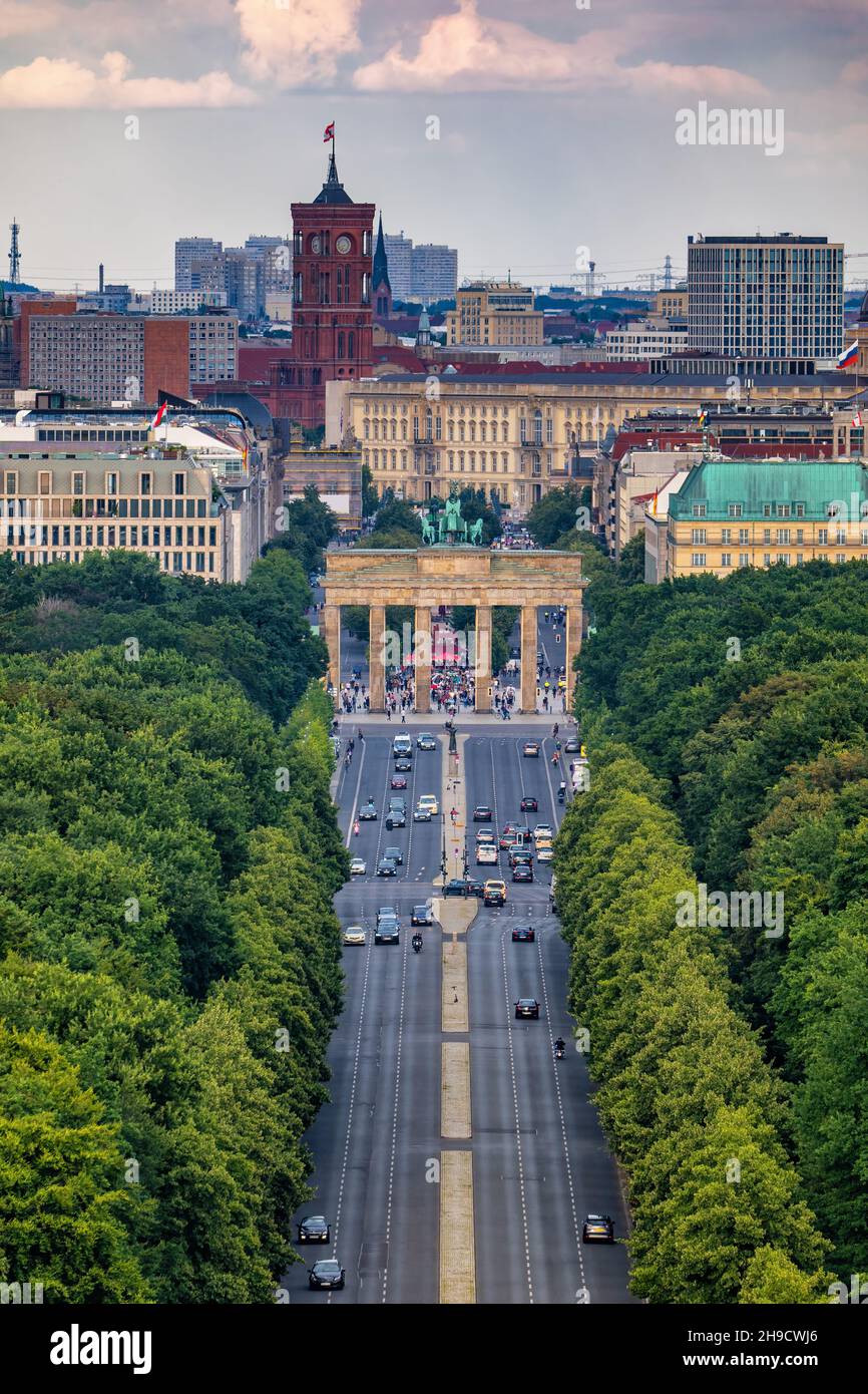 City of Berlin in Germany, aerial view to Brandenburg Gate, street in ...