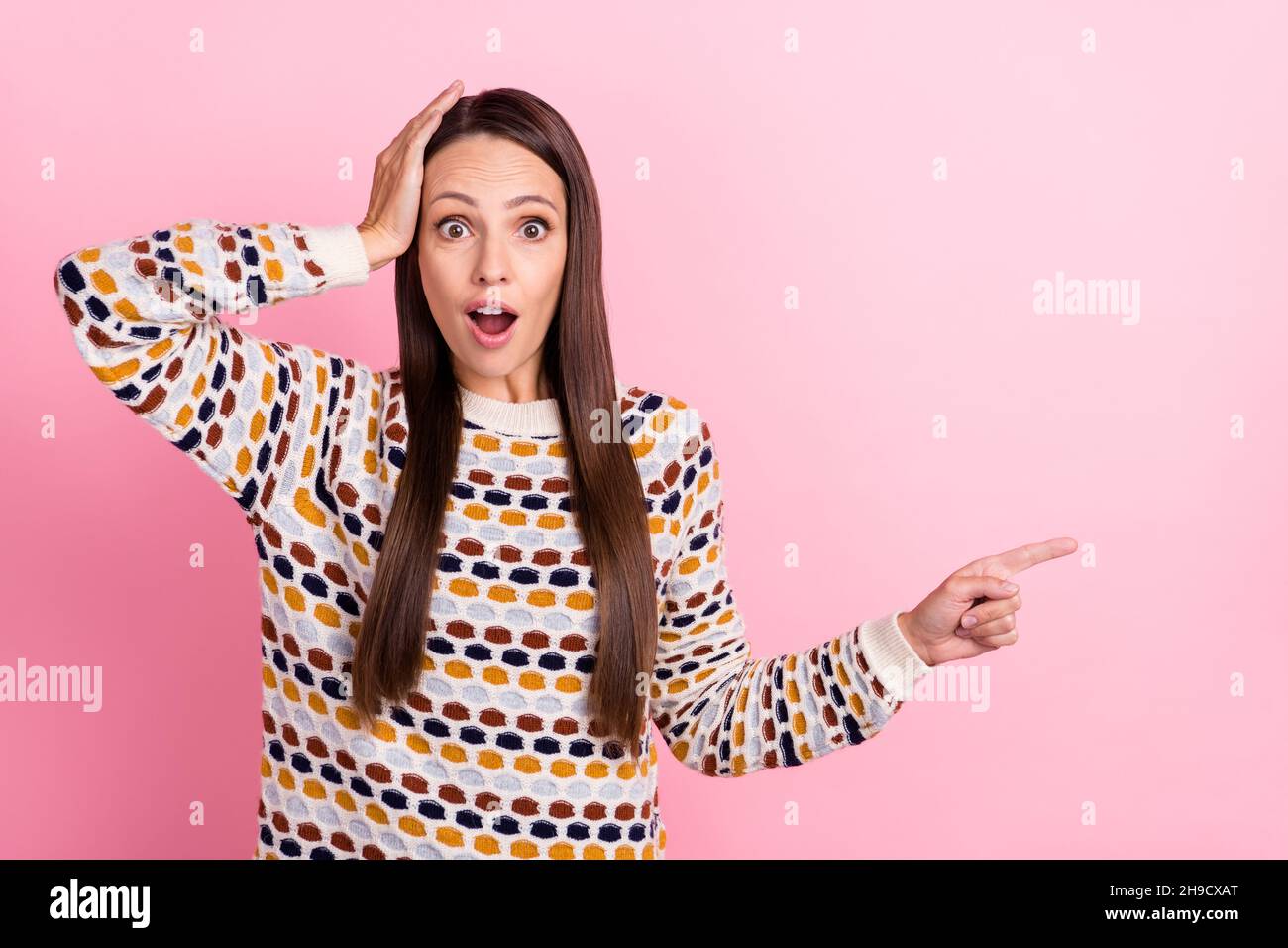 Photo of impressed funky mature lady dressed print pullover arm head ...