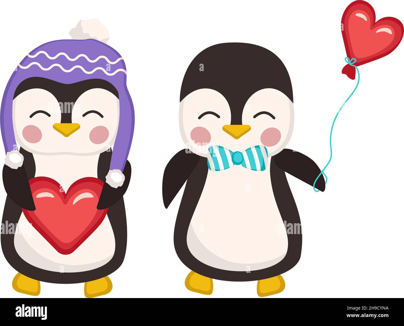 Cute penguins in love in childish style with red heart and balloon ...