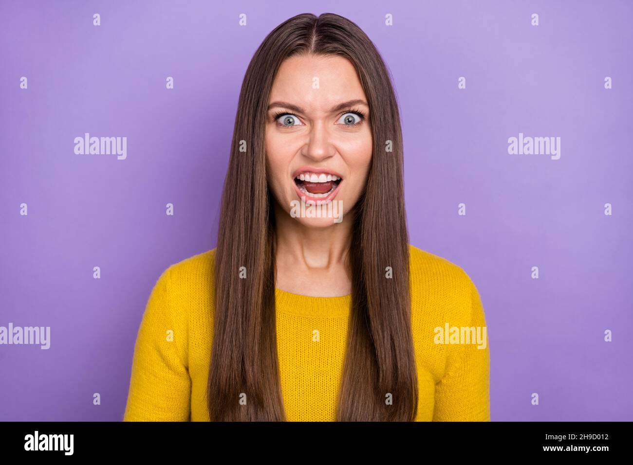 Photo of young girl negative furious scream horrifying try to scare ...