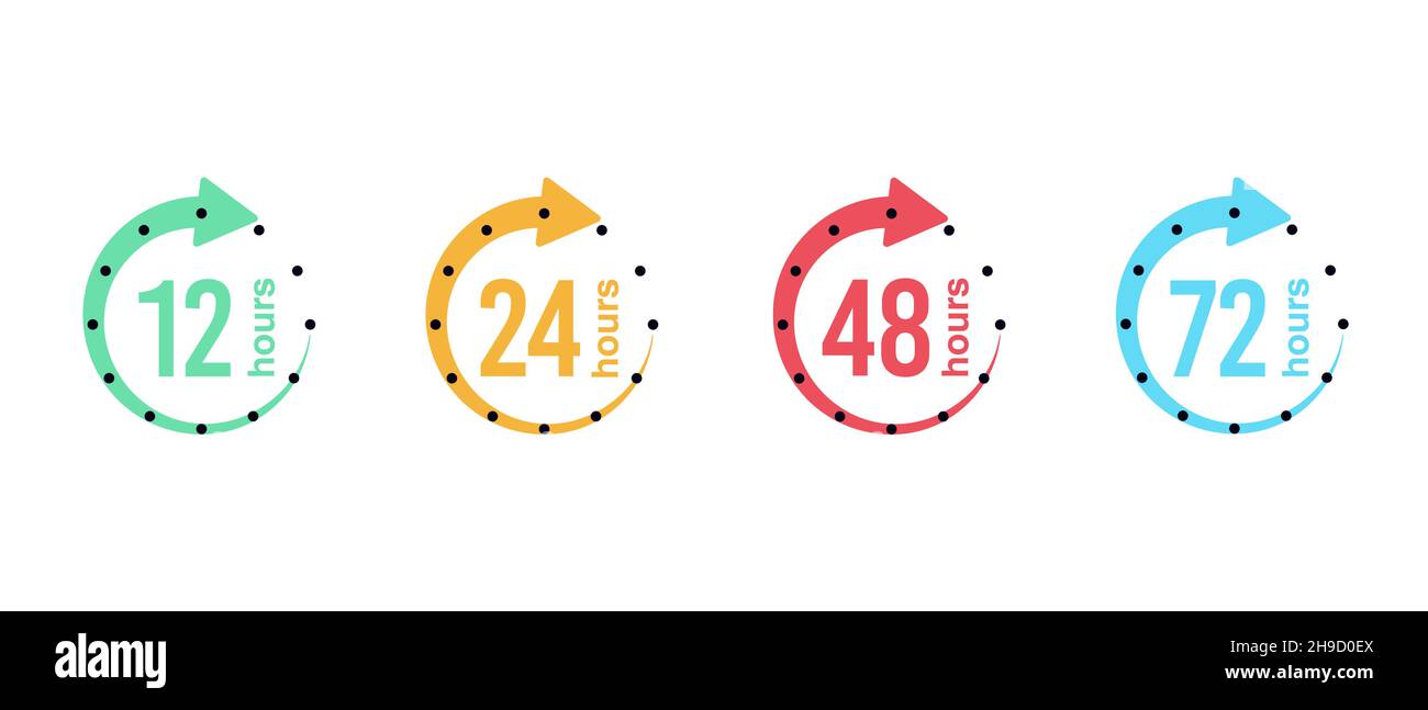 12, 24, 48 and 72 hours clock arrow. Vector work time effect or ...