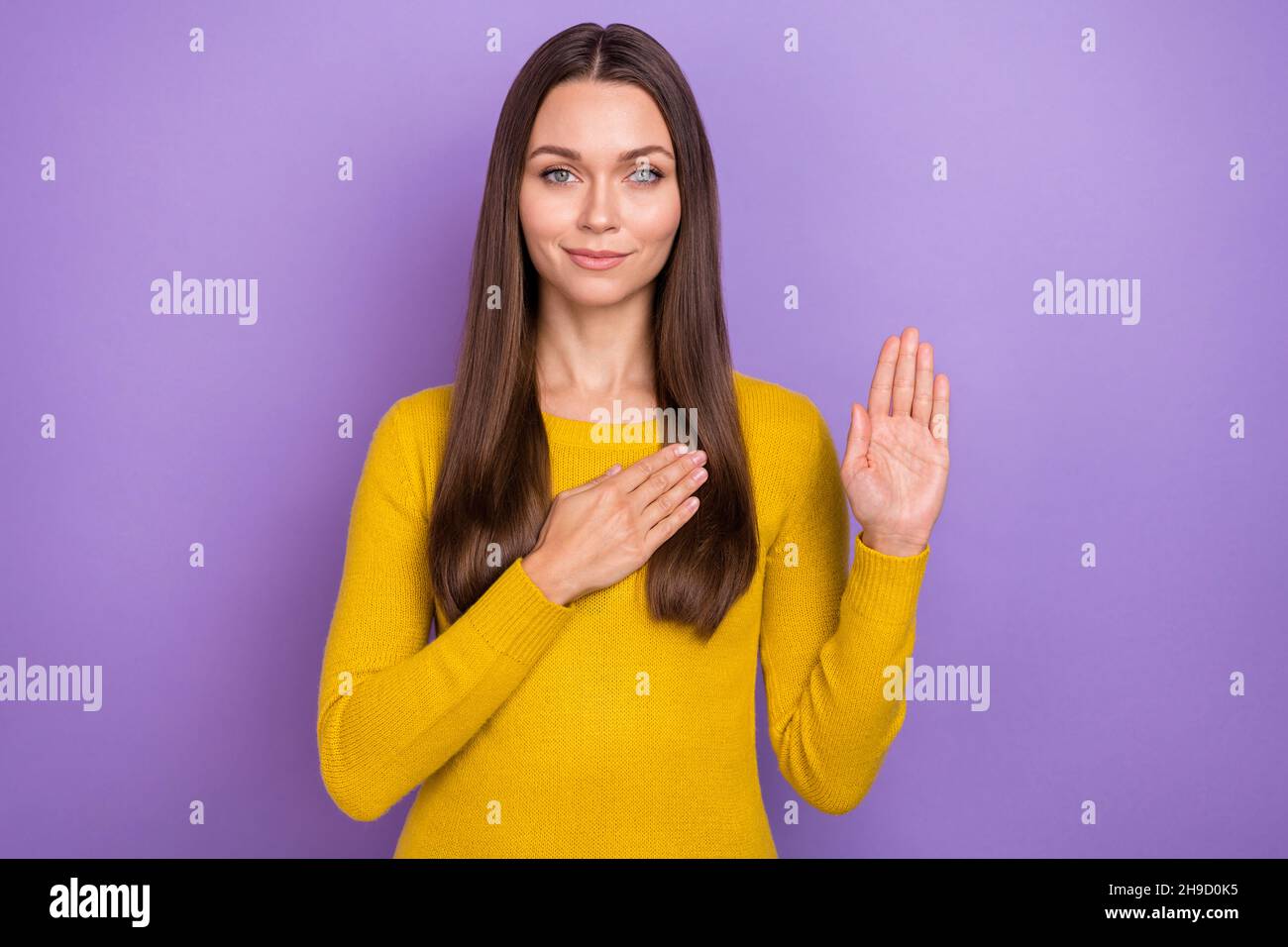 Photo of young lovely woman swear promise to tell the truth justice ...