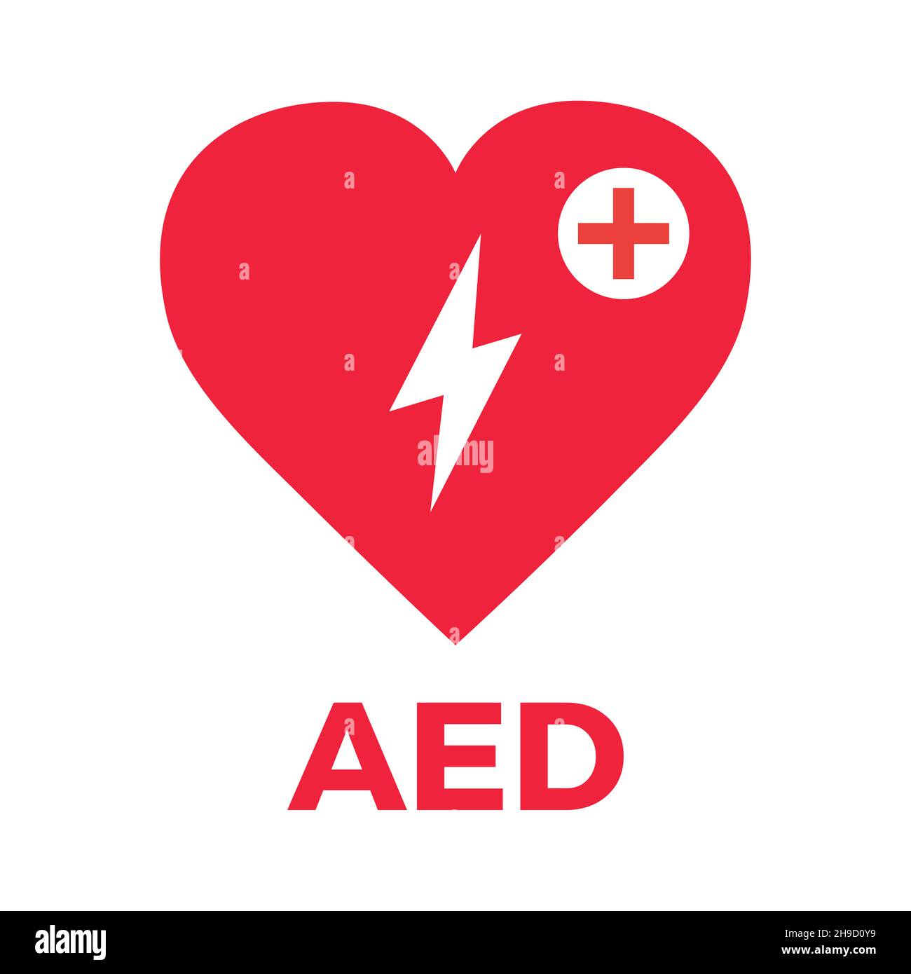 AED. Automated external defibrillator. AED sign with heart and electricity symbol flat vector ...