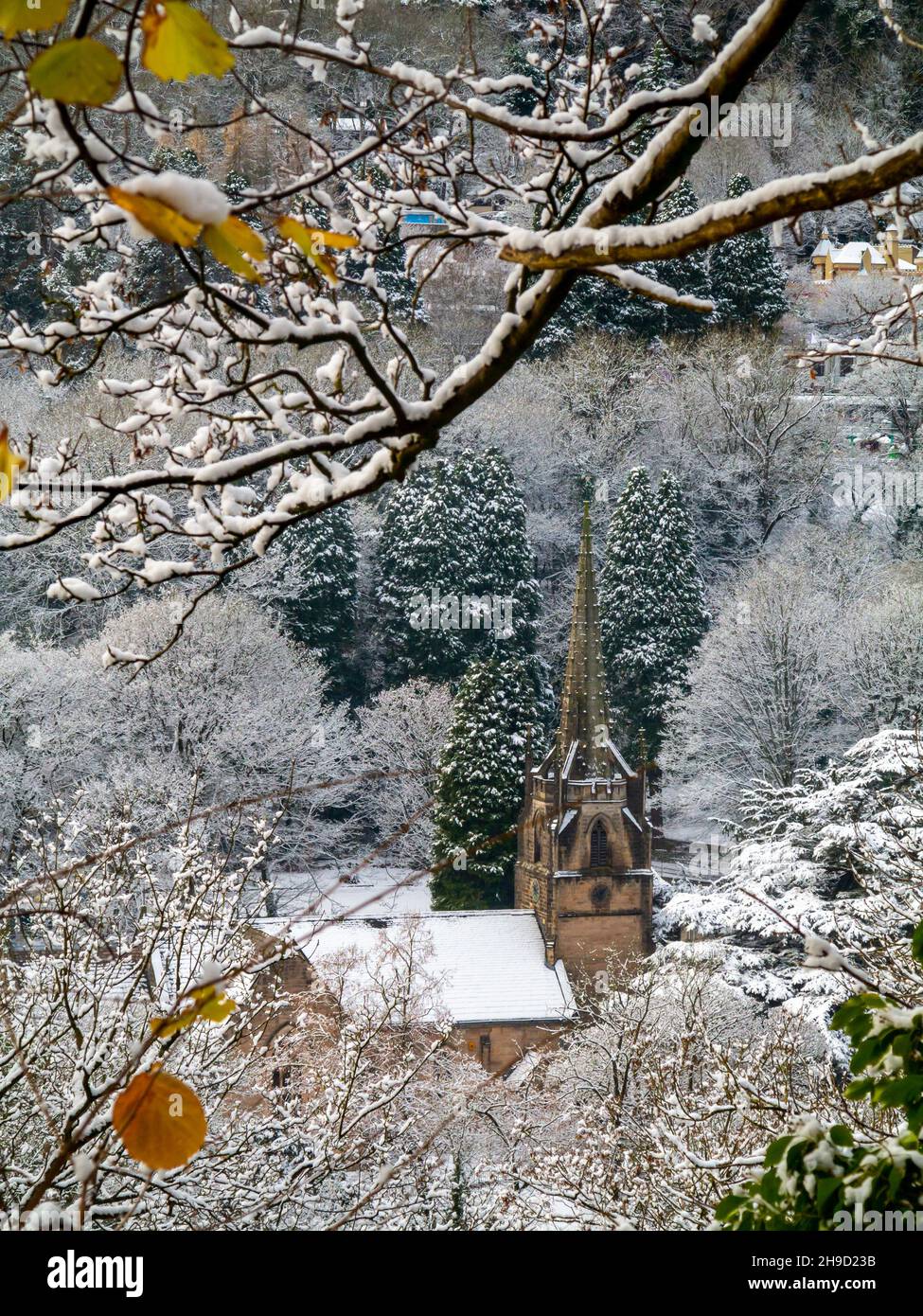 Snow covered landscape with trees at Matlock Bath in the Derbyshire ...