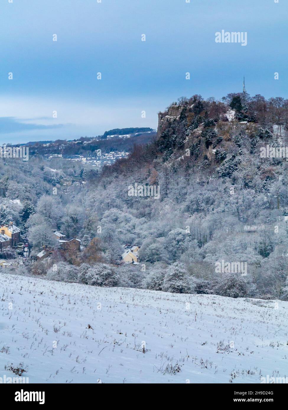 Snow covered landscape with trees at Matlock Bath in the Derbyshire ...