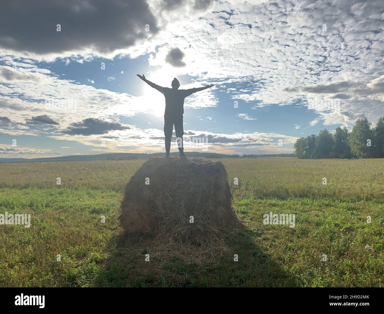Man stand on stack of hey. Freedom concept Stock Photo - Alamy