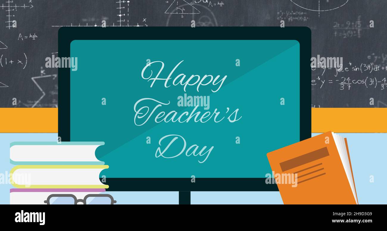 Vector image of happy teacher's day text on computer monitor in school ...