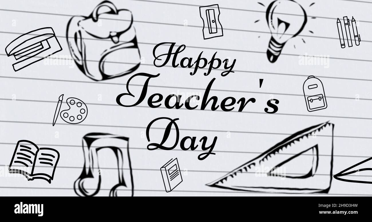 Vector image of happy teacher's day text with school supplies on single ...
