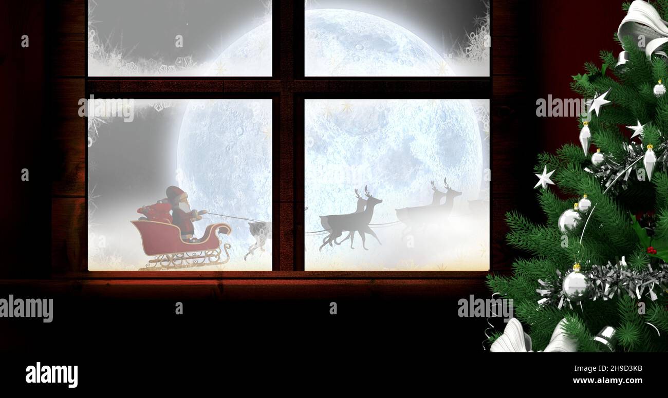 Vector image of santa sleigh seen through window during full moon ...