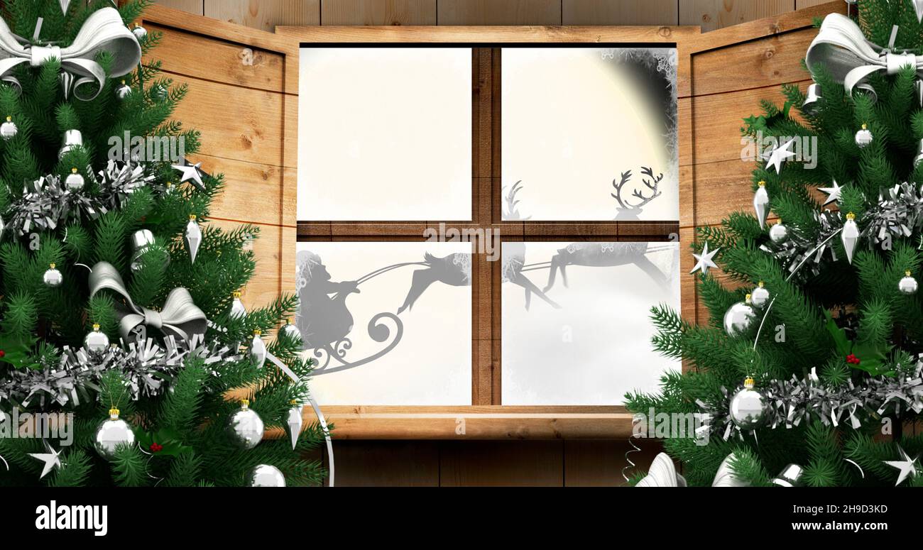 Vector image of santa sleigh seen through window during christmas night ...