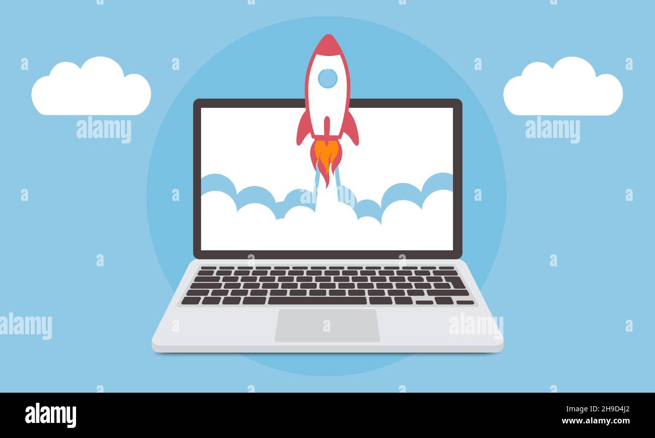 Rocket launch from laptop screen in the sky flying over clouds. Space ...