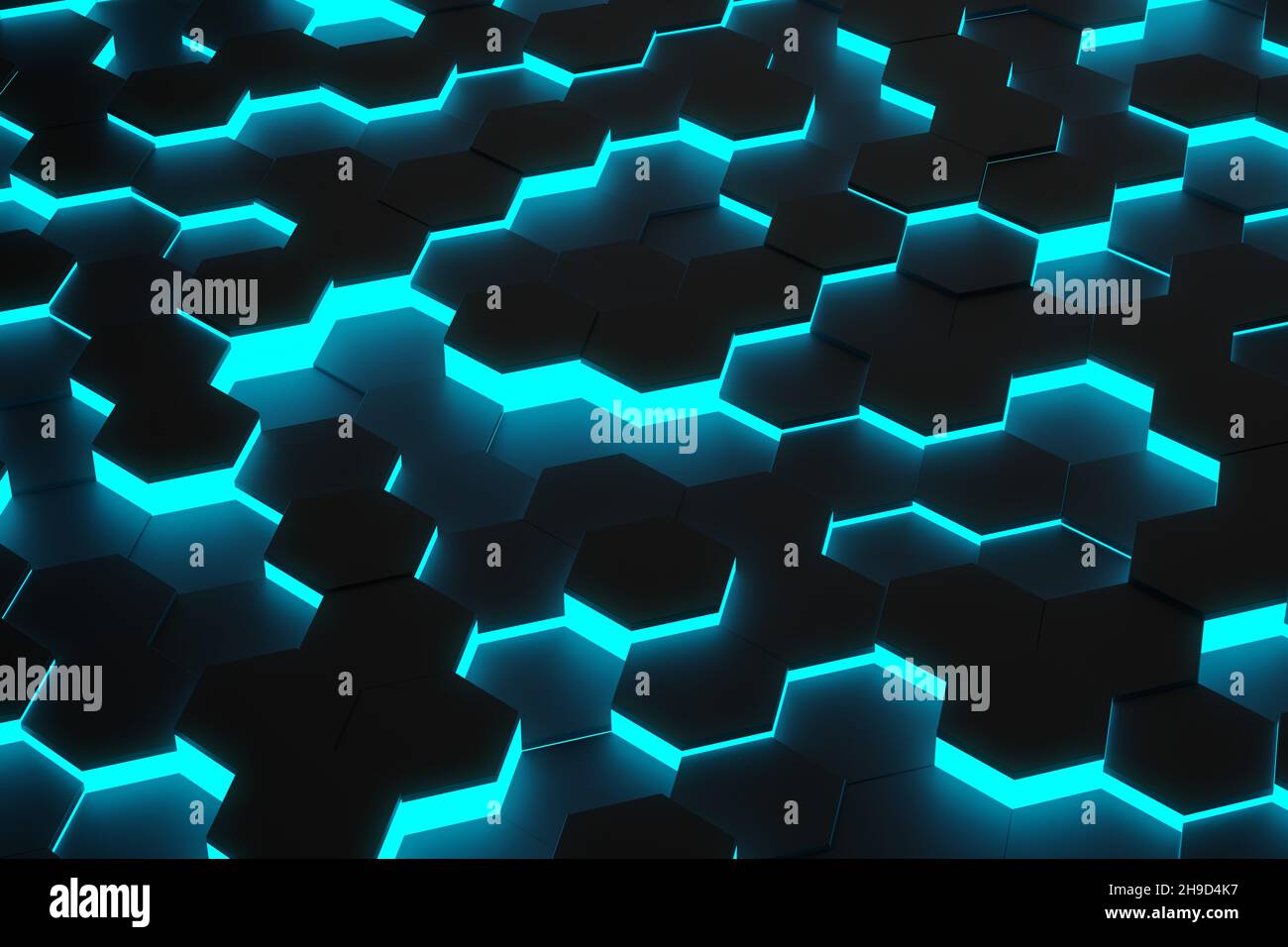 Random shifted black honeycomb hexagon geometrical pattern background with blue glow, minimal ...