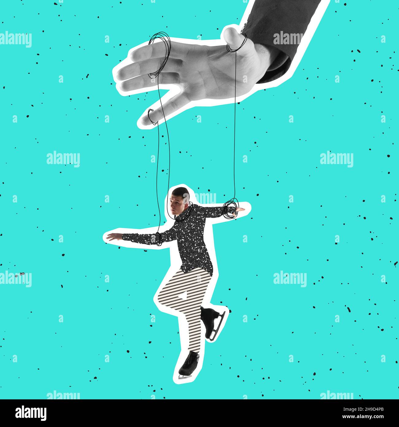 Young male skater like a puppet skating isolated on bright neon blue ...