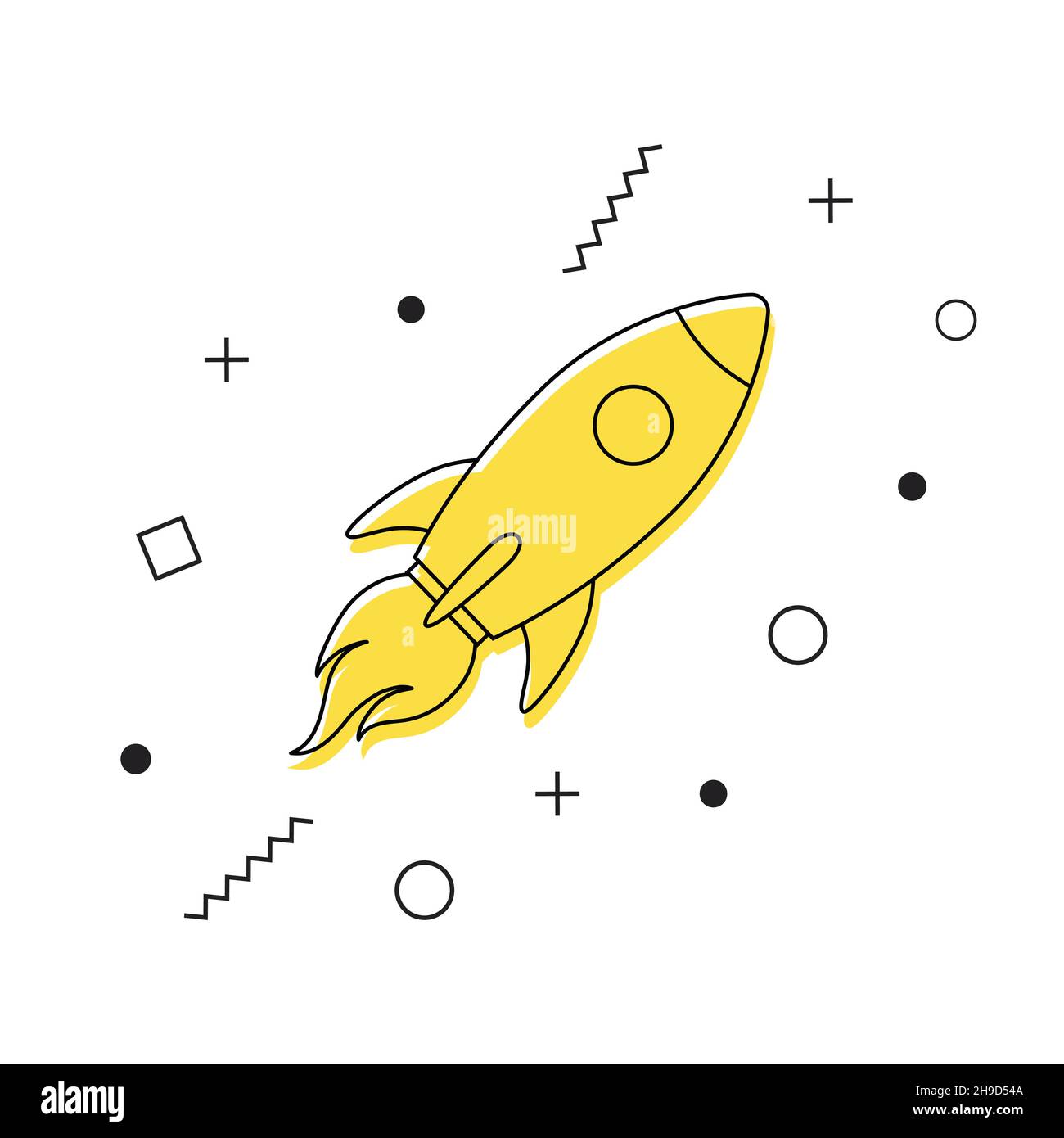Rocket vector icon with geometric shapes on white background. Space ...