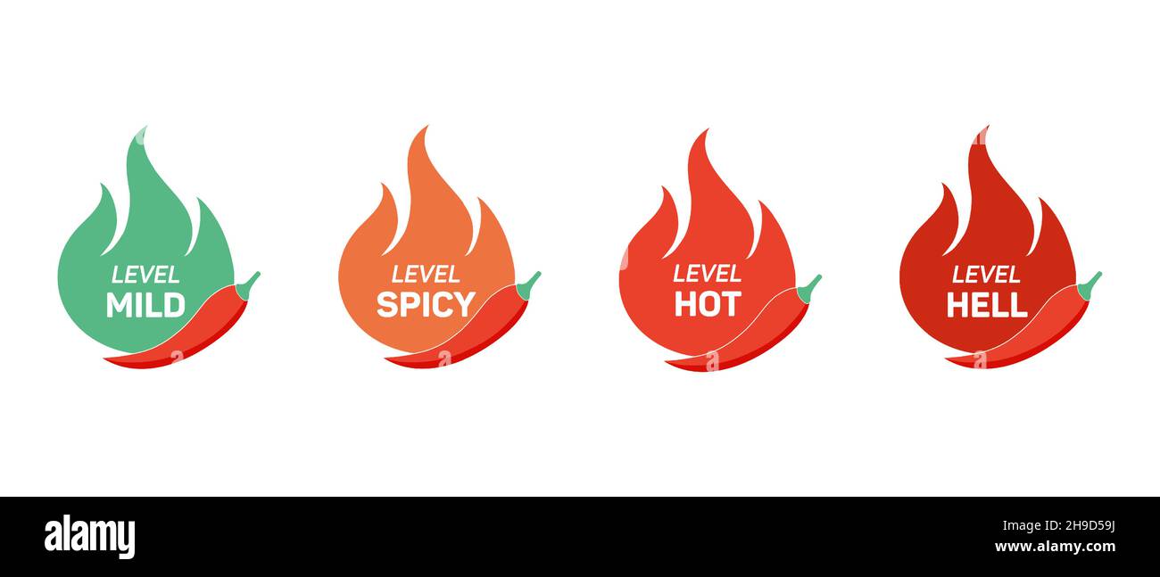 Spicy chili pepper hot fire flame icons. Vector spicy food level icons ...