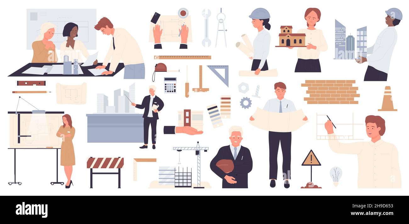 Architects at work on building projects set vector illustration ...
