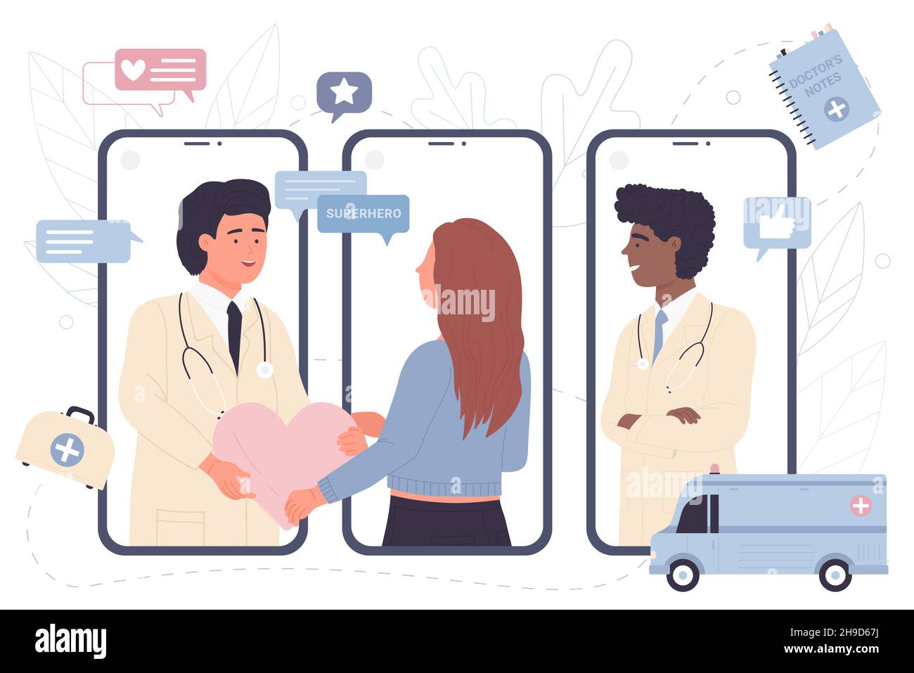 Doctor cardiologist and patient holding heart vector illustration ...