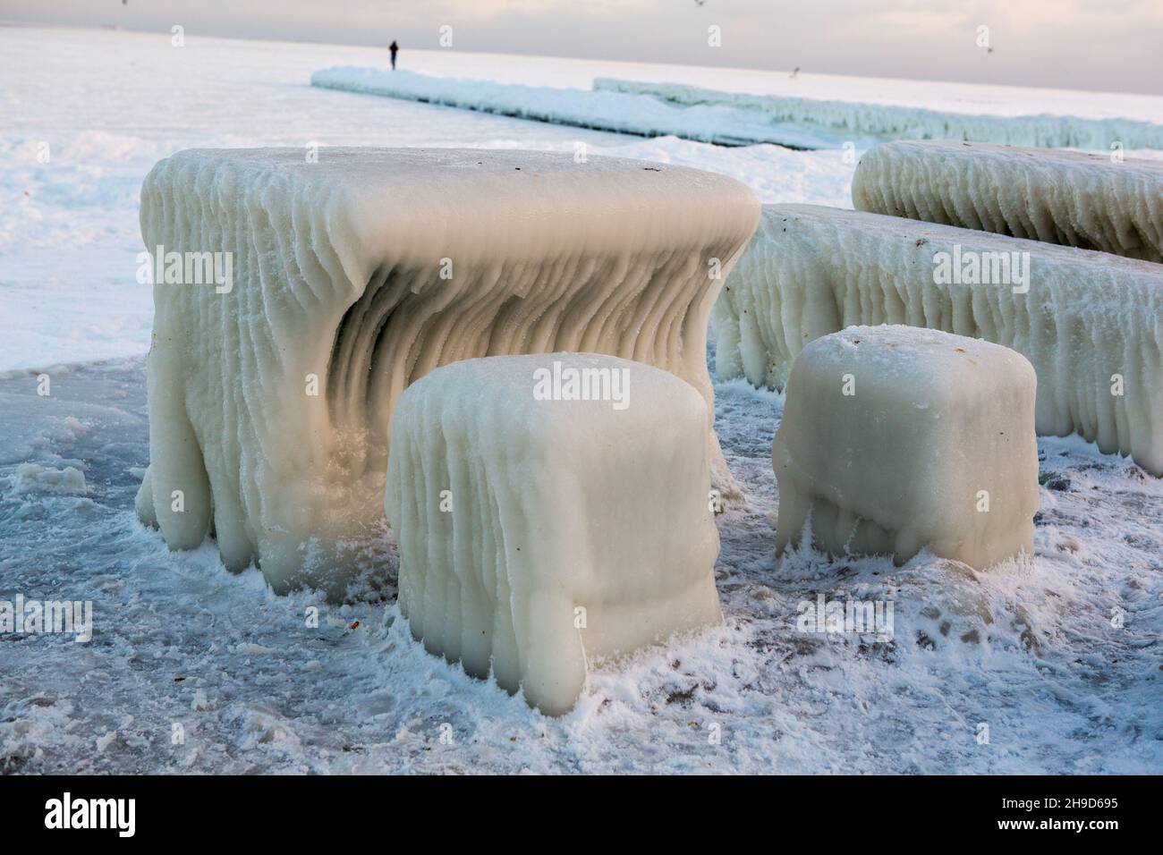 Icing. Winter natural disaster icing sea promenade after winter storm ...
