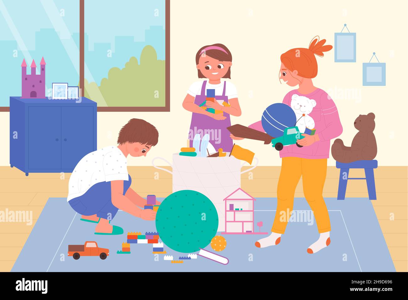 Children play and clean room together, tidy mess vector illustration ...