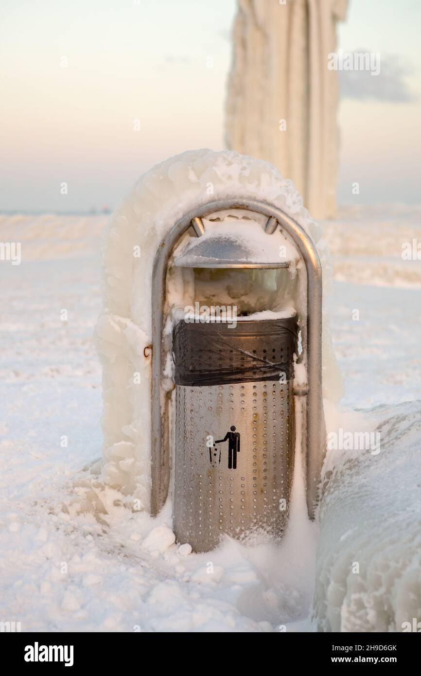 Icing. Winter natural disaster icing sea promenade after winter storm ...