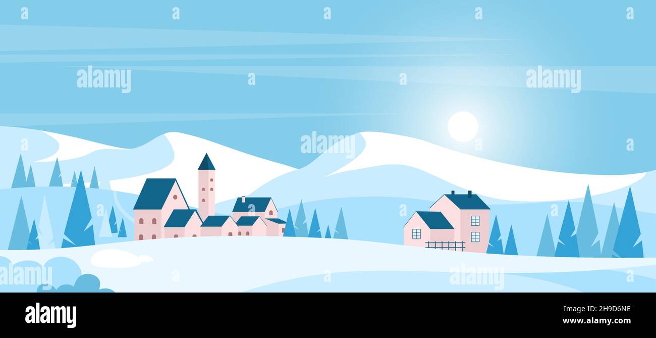 Winter Christmas countryside landscape with mountains and hills covered ...