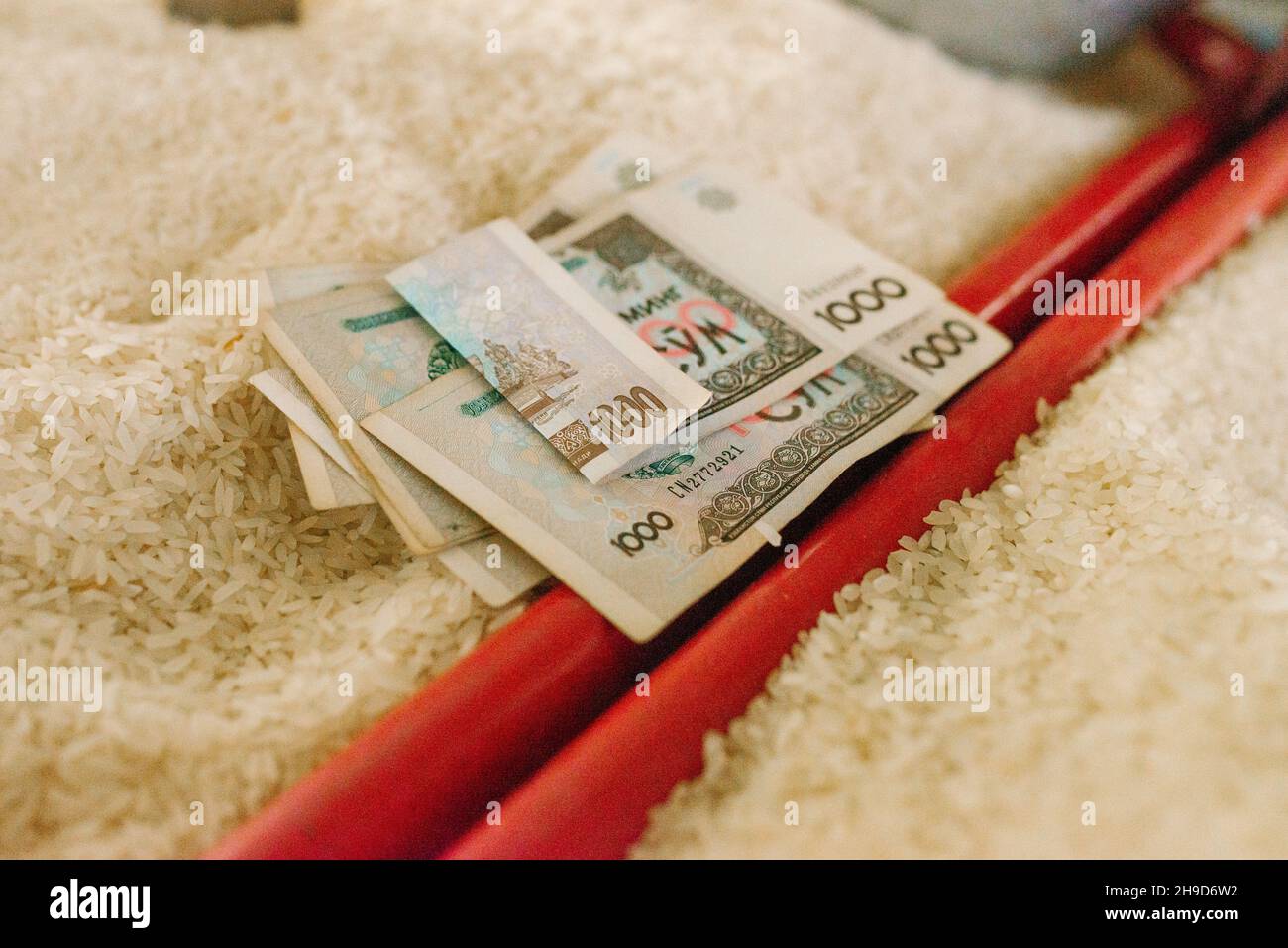 Tashkent. Uzbekistan. December 2020. Uzbek bags are lying on rice in ...