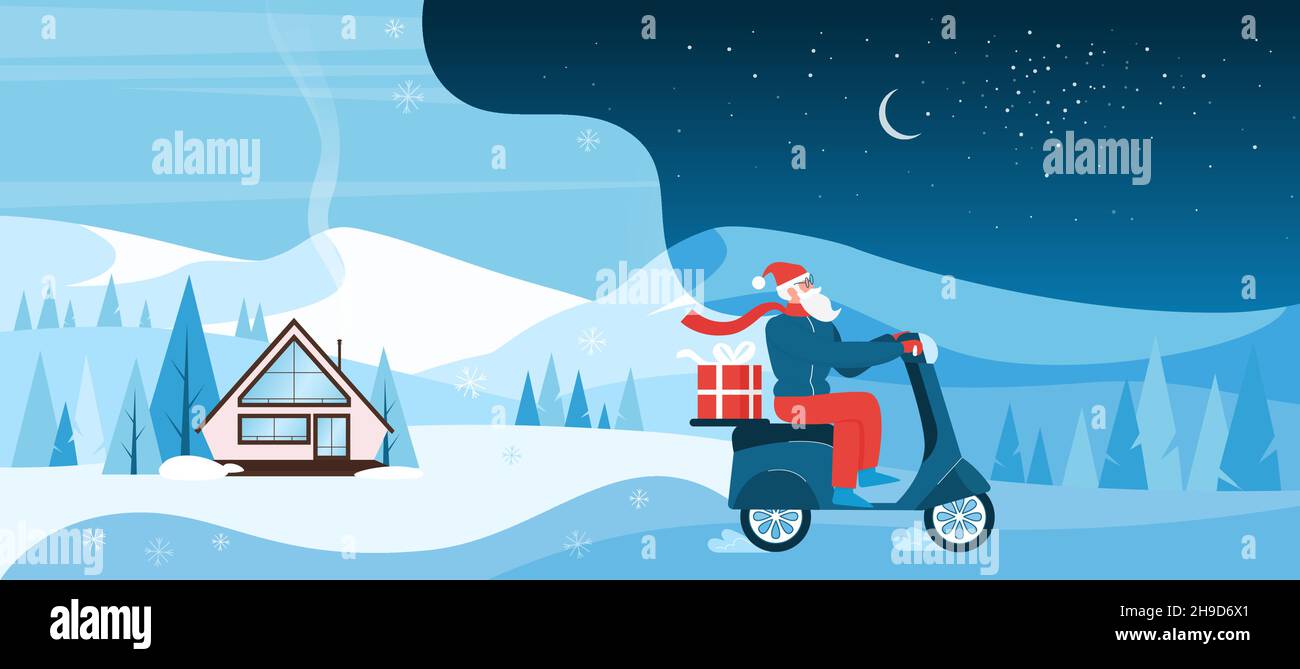 Delivery of Christmas gifts vector illustration. Cartoon funny Santa ...