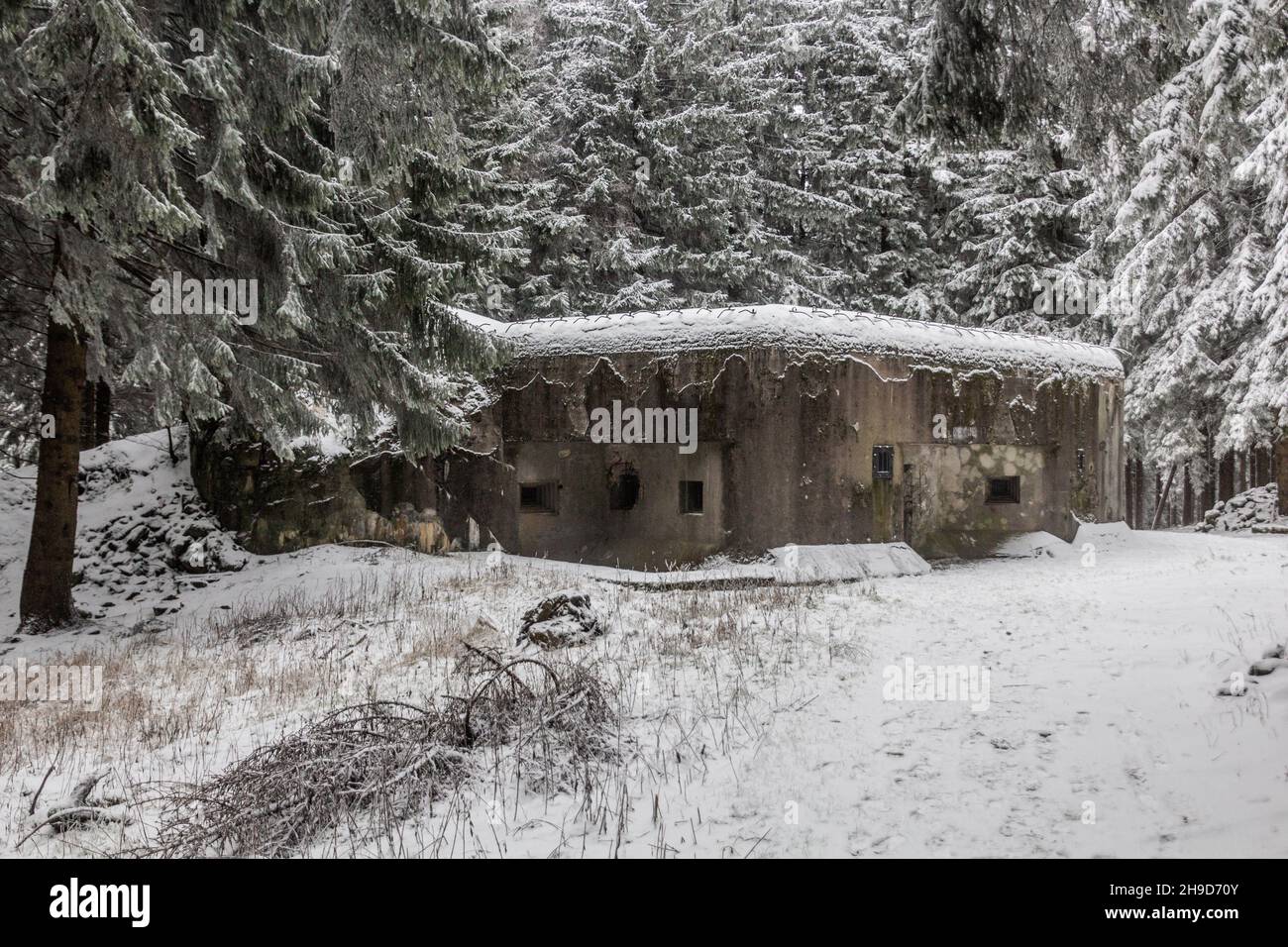 Winter view of concrete infantry fortress K-S 25 from the WW2, Czech ...